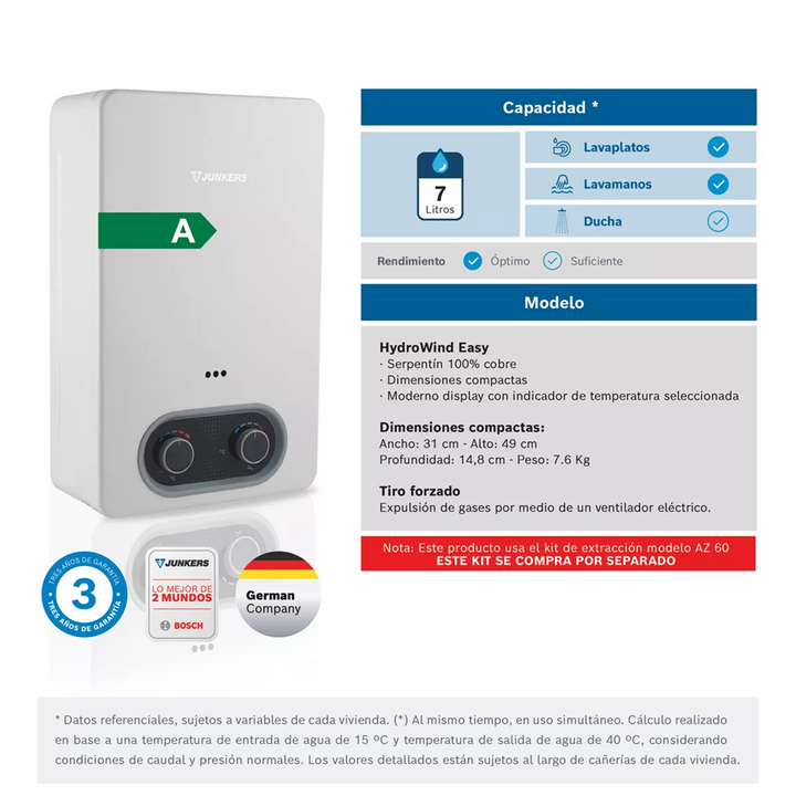Calefont Gas Natural 7 Litros Tiro Forzado HydroWind Easy Junkers – Lurek